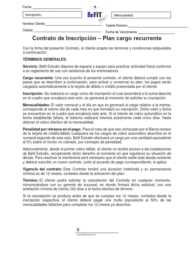 Contrato de Inscripción: Cargo Recurrente | PDF | Tarjeta de crédito | Pagos