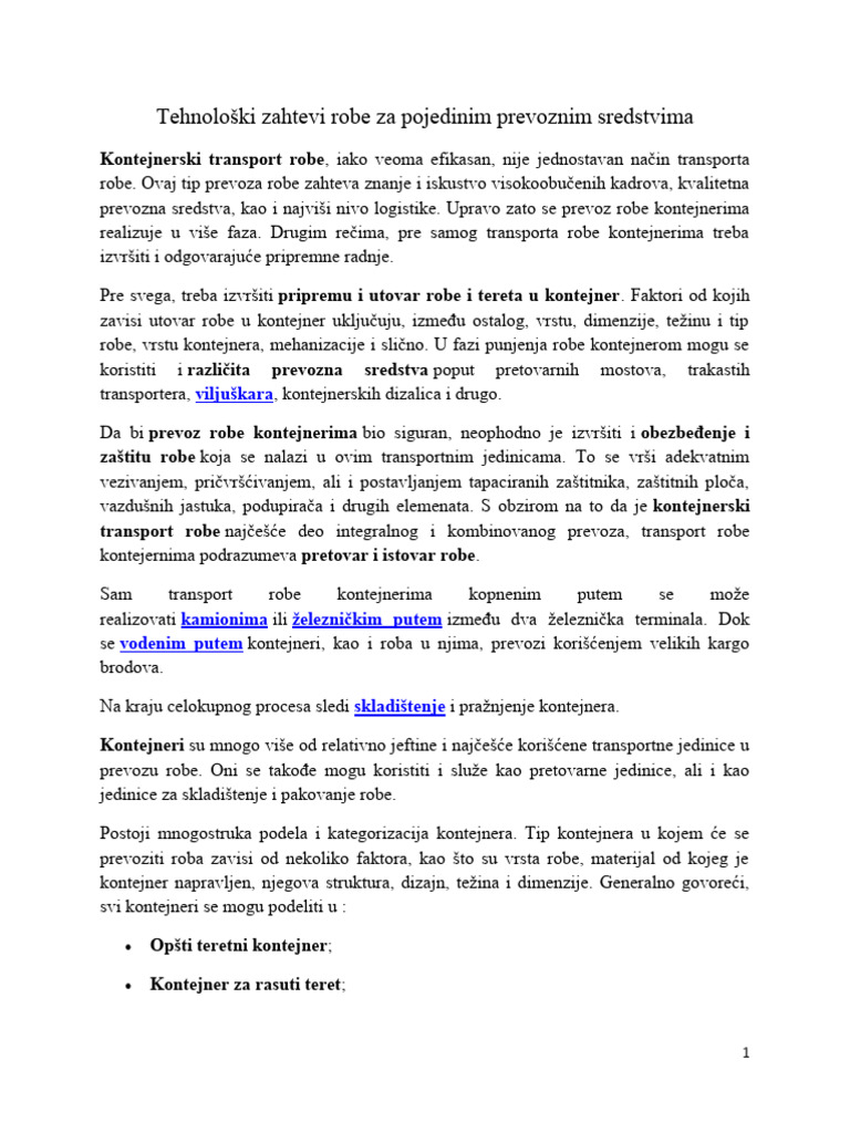 Tehnološki Zahtevi Robe Za Pojedinim Prevoznim Sredstvima | PDF