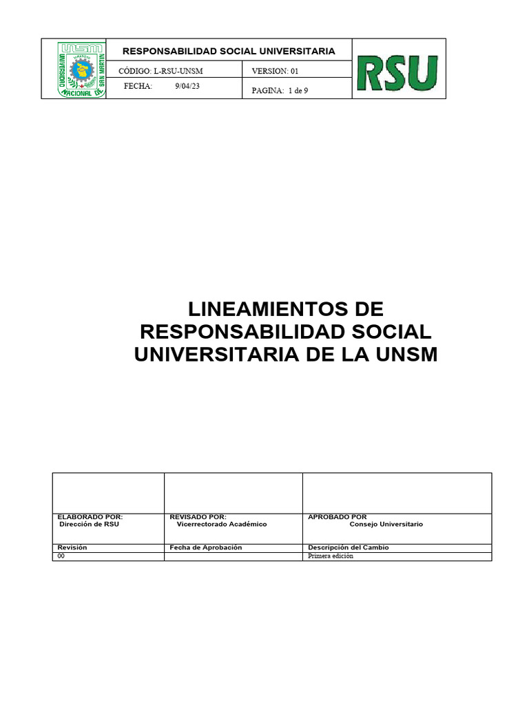 Lineamientos de Responsabilidad Social Universitaria de La Unsm | PDF | Sustentabilidad