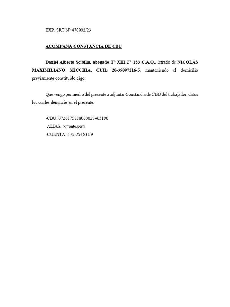 Constancia CBU Nicolás Micchia | PDF
