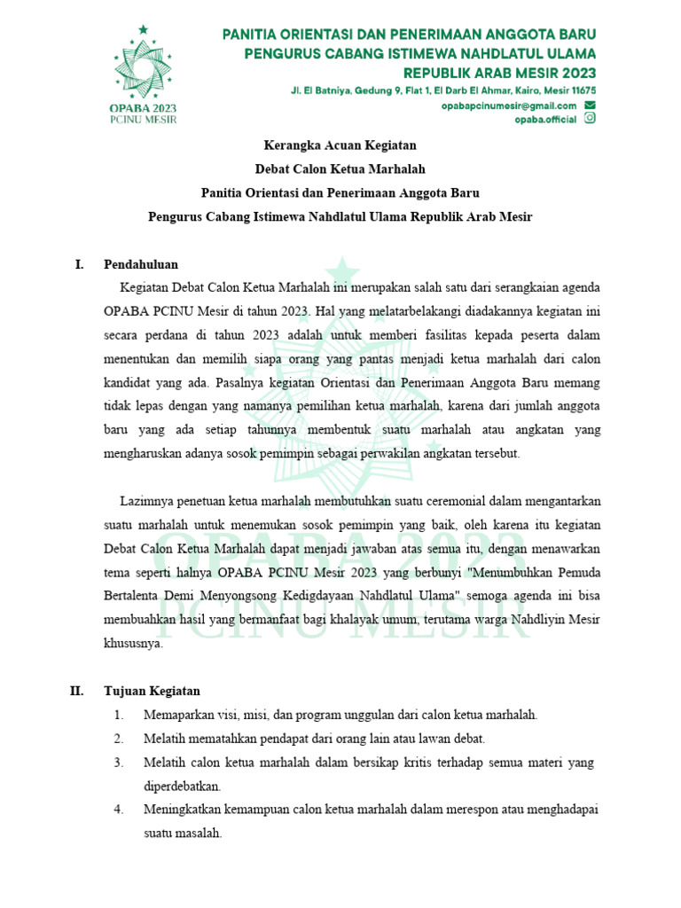 Kerangka Acuan Kegiatan Debat Kandidat Ketua Marhalah - 1 | PDF ...
