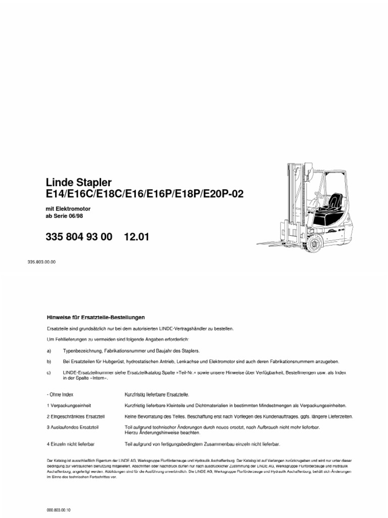 Linde Stapler E14/E16C/E18C/E16/E16P/E18P/E20P-02: Mit Elektromotor Ab ...