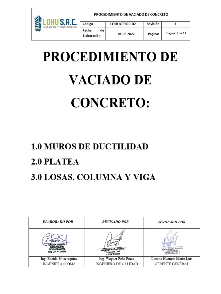 02. PROCEDIMIENTO DE VACIADO DE CONCRETO | PDF | Hormigón | Ingeniería de Edificación