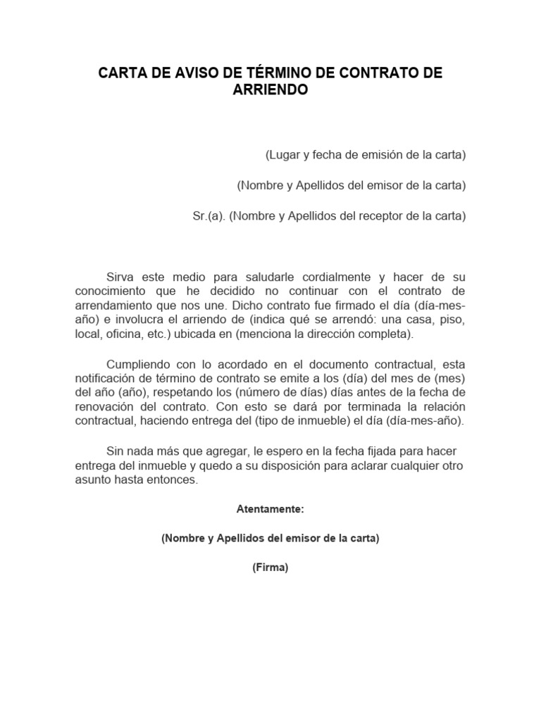Aviso de Término de Contrato de Arriendo | PDF