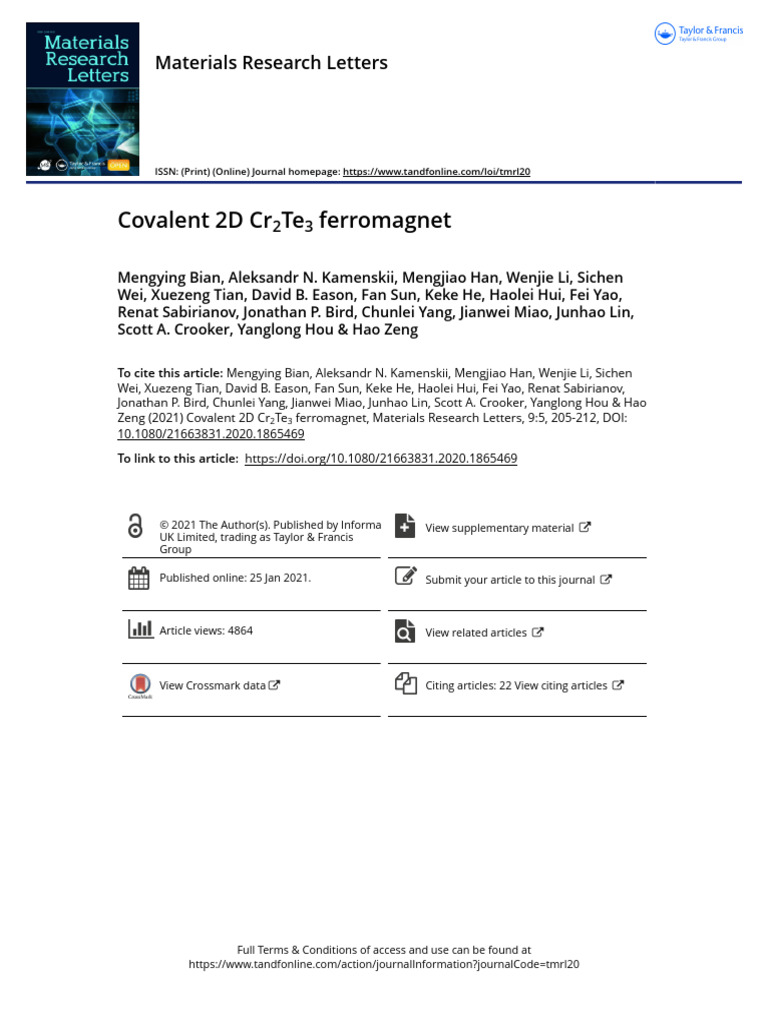 BIAN - Covalent 2D Cr2Te3 Ferromagnet | PDF | Ferromagnetism | Spin ...