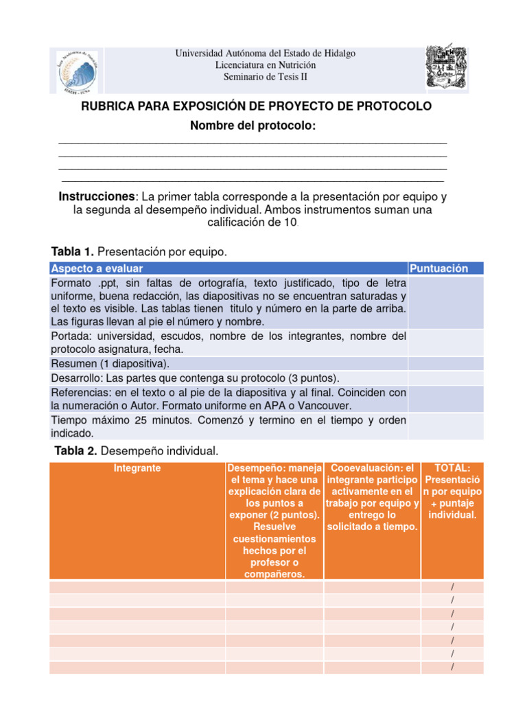 Rubrica de Presentación de Proyecto de Protocolo-Primer Parcial | PDF