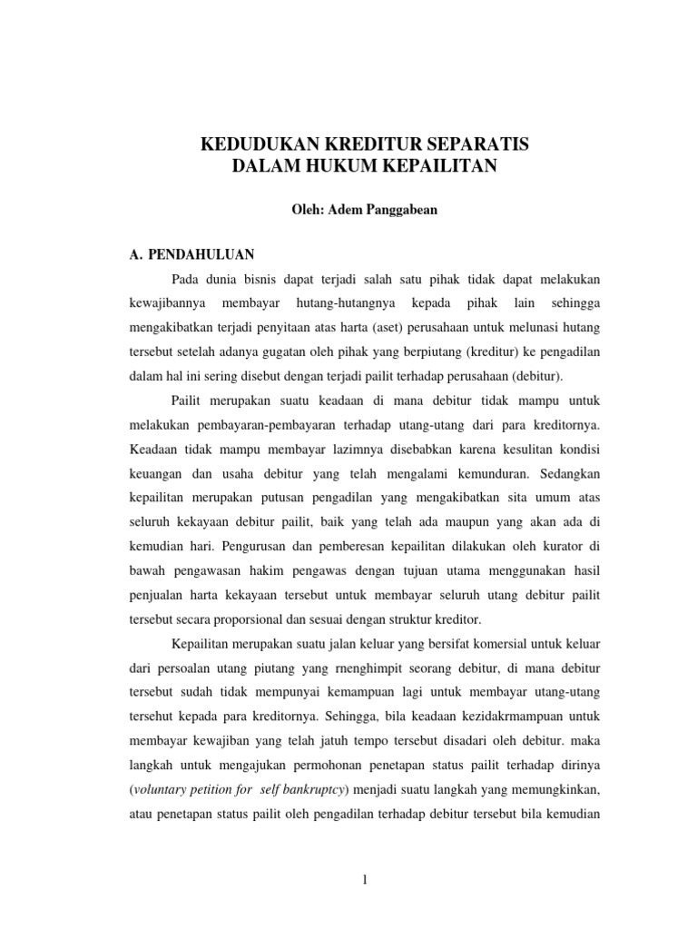 Kedudukan Kreditur Separatis Dalam Hukum Kepailitan | PDF