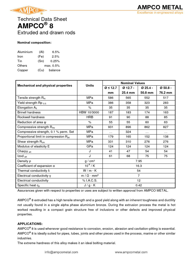Ampco 8: Technical Data Sheet | Download Free PDF | Hardness | Strength ...