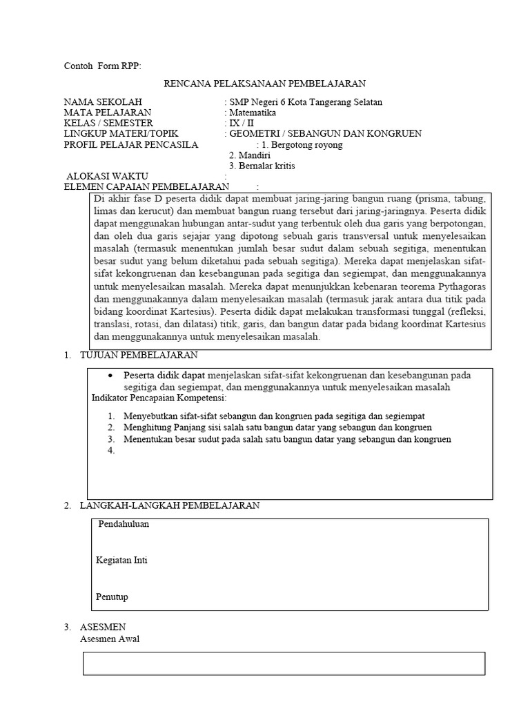 Contoh Form RPP | PDF | Metode & Bahan Ajar | Sains & Matematika