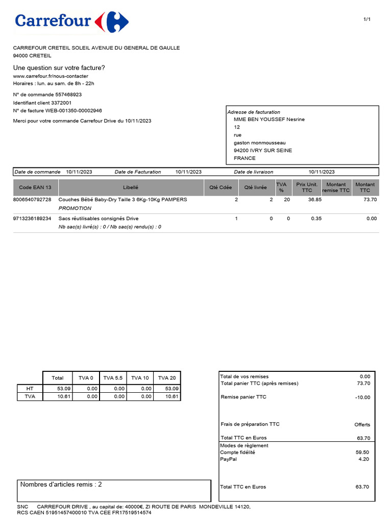 Facture Carrefour Drive du 10/11/2023 | PDF | Taxe sur la valeur ...