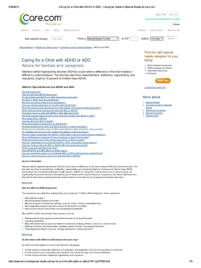 ADHD - Caring For A Child With ... Ecial Needs at Care | PDF