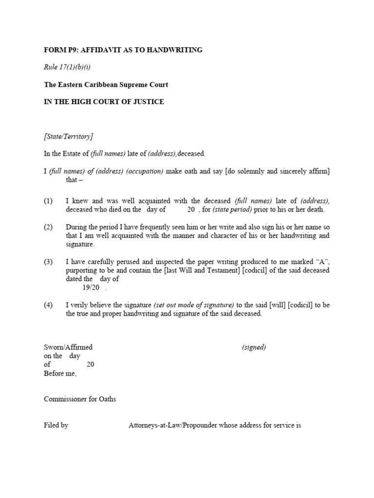 Form P9 Affidavit As To Handwriting | PDF
