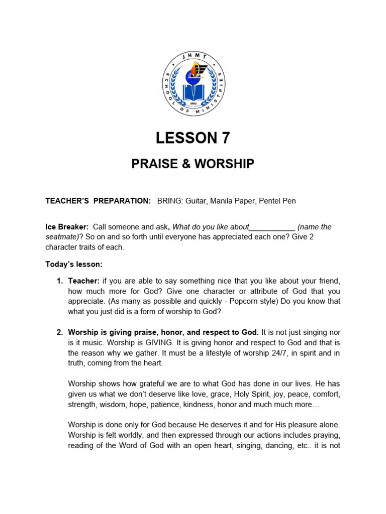 LESSON 7 Praise Worship | PDF | Worship | God