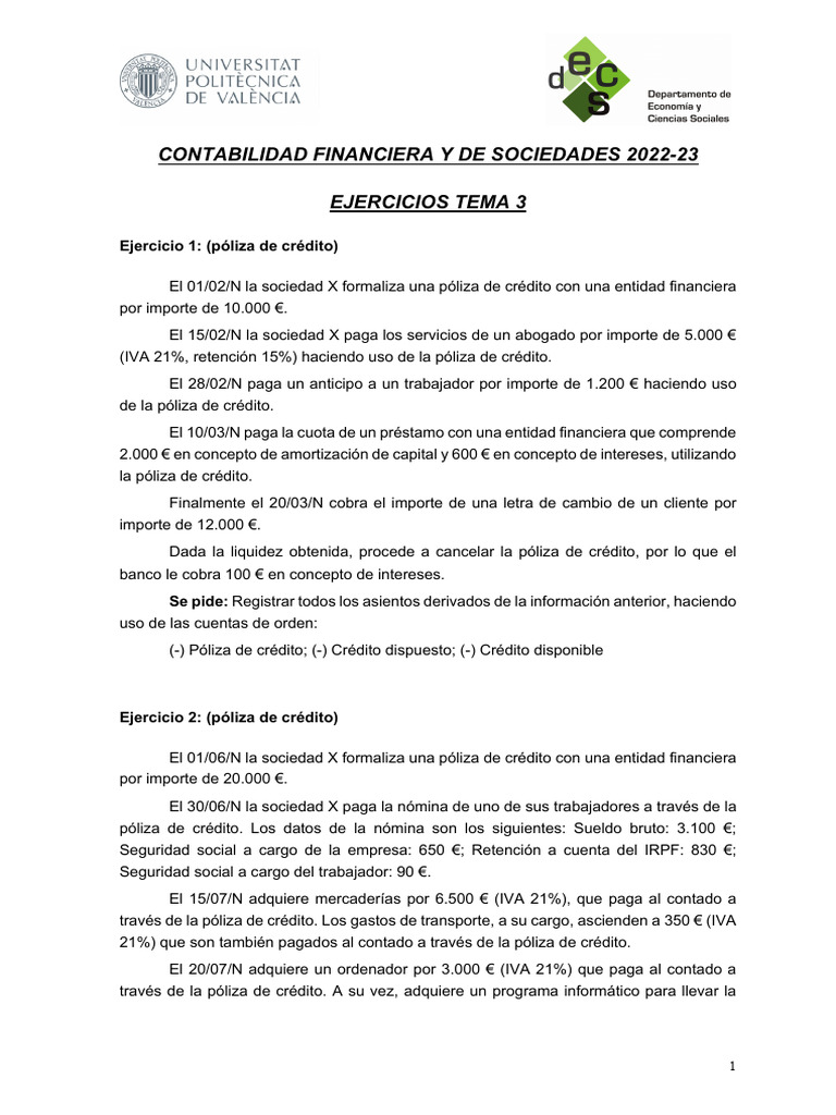 Enunciados Ejercicios Tema 3 2022-23 | PDF | Crédito | Finanzas y dinero