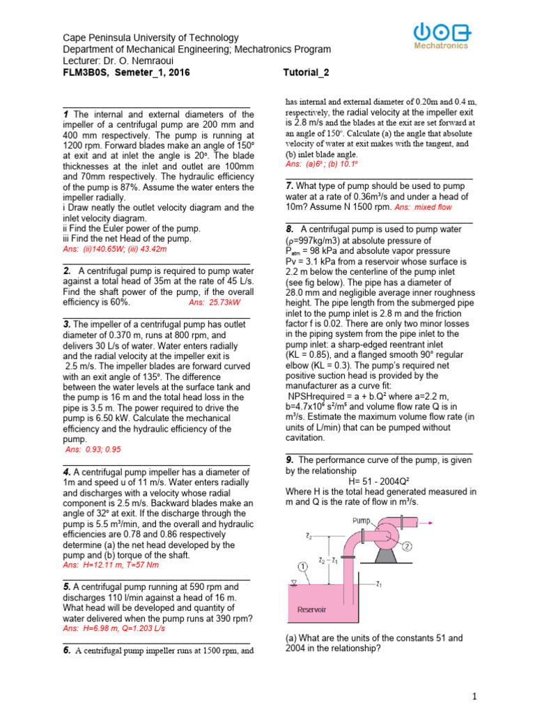 FLM3B0S Tutorial 2a Turbomachines | PDF | Pump | Applied And Interdisciplinary Physics