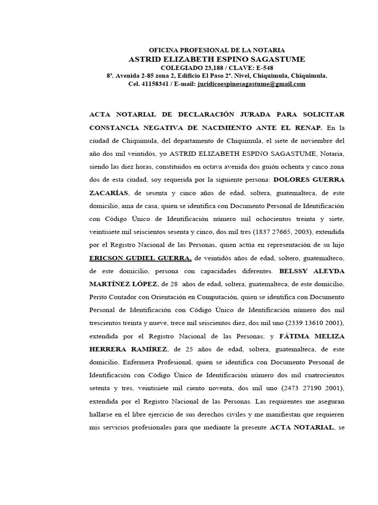 Acta Solcitando Negativa A Renap | PDF | Derecho