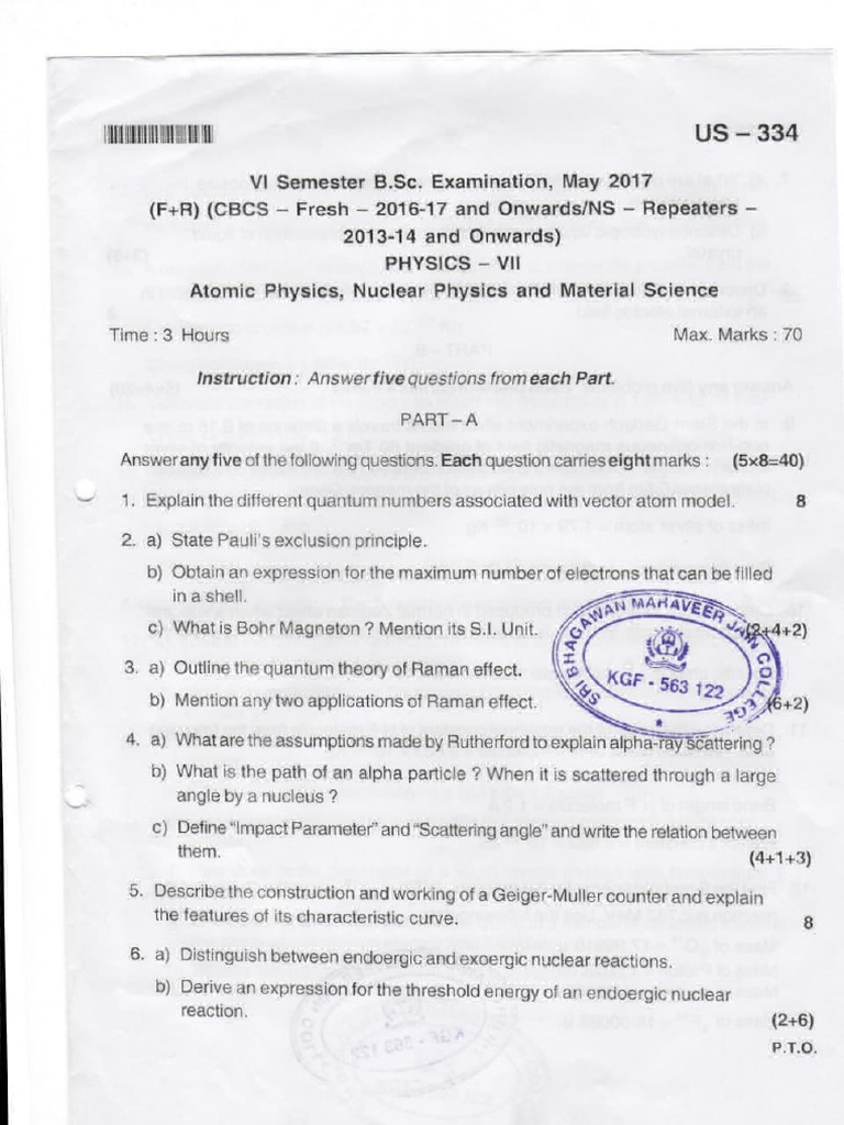 Physics Paper-7 | PDF | Atoms | Electron