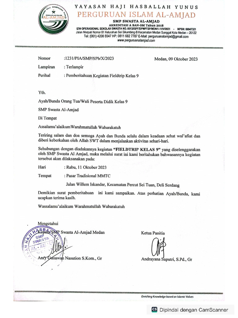 Surat Pemberitahuan Fieldtrip | PDF