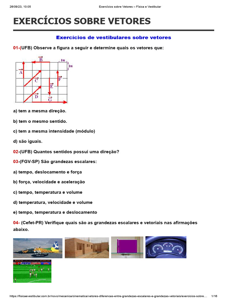 Exercícios Sobre Vetores - Física | PDF | Vetor euclidiano | Velocidade