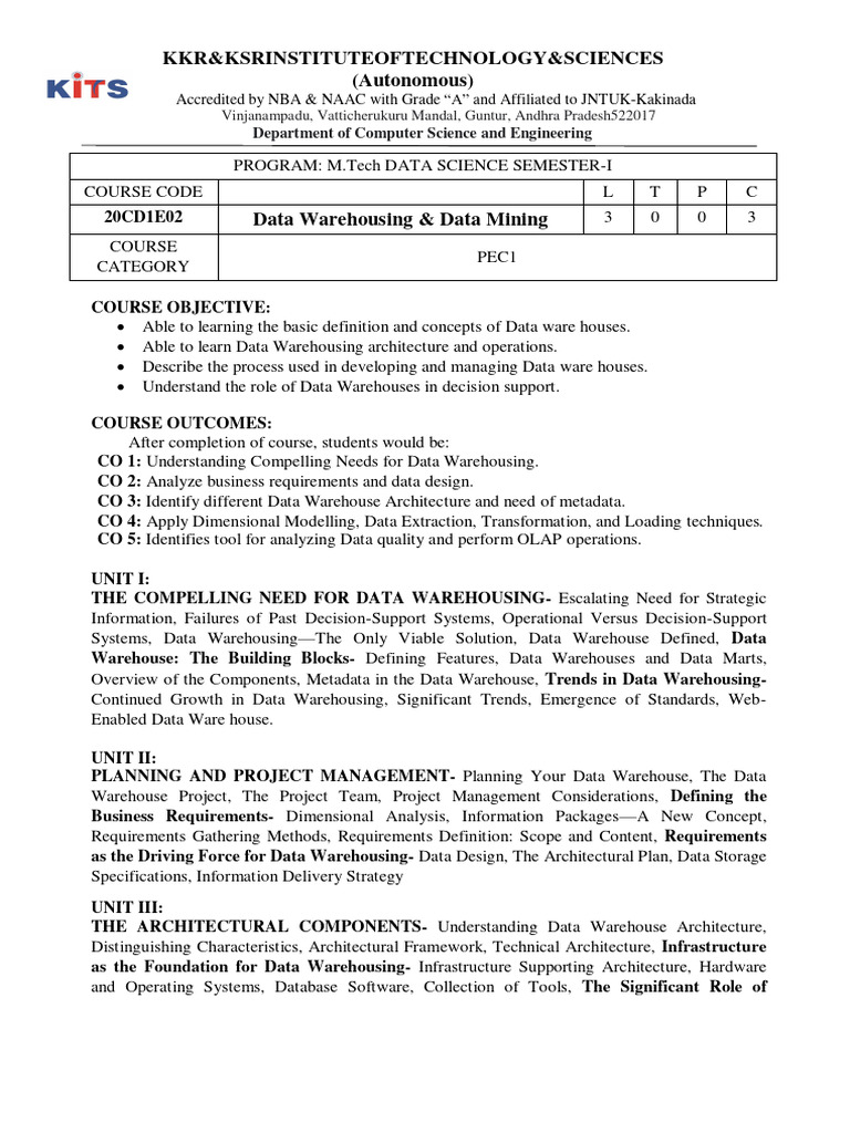R20 - M.Tech - DWDM Syllabus | PDF | Data Warehouse | Metadata