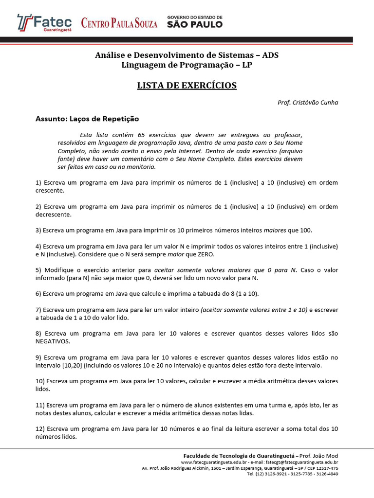 Fatec Ads 2 LP Exercicios 06 Lacos de Repeticao | PDF | Número primo | Teoria dos Anéis