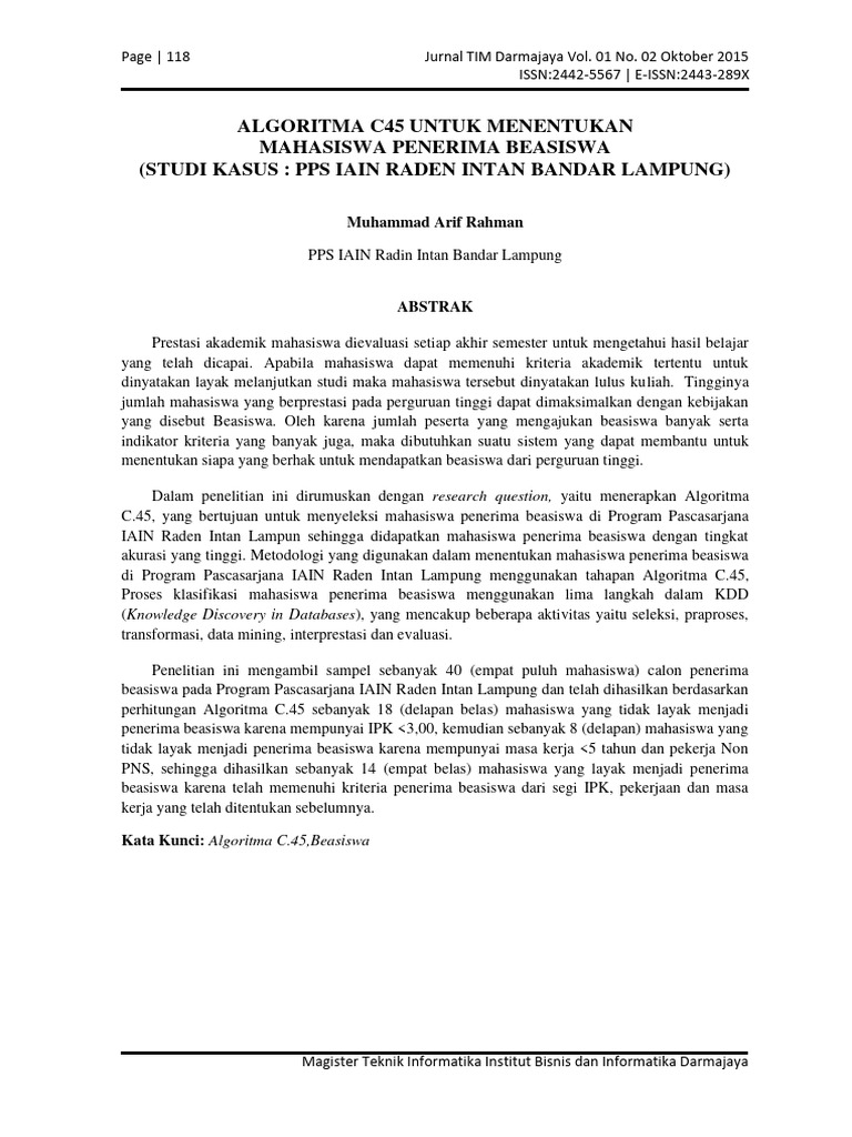 Algoritma c45 Untuk Menentukan Mahasiswa Penerima Beasiswa Kasus Pps Iain Raden Intan Bandar ...