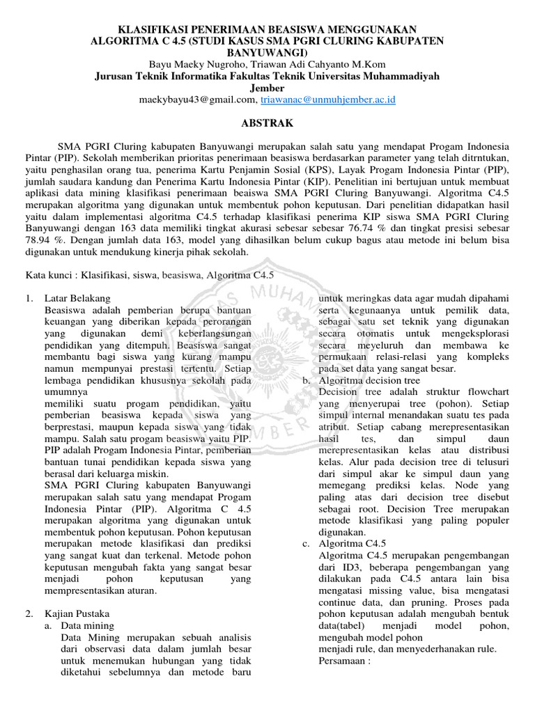 Klasifikasi Algoritma C45 Untuk Menentukan Beasiswa KIP Studi Kasus Sma Pgri Cluring Kabupaten ...