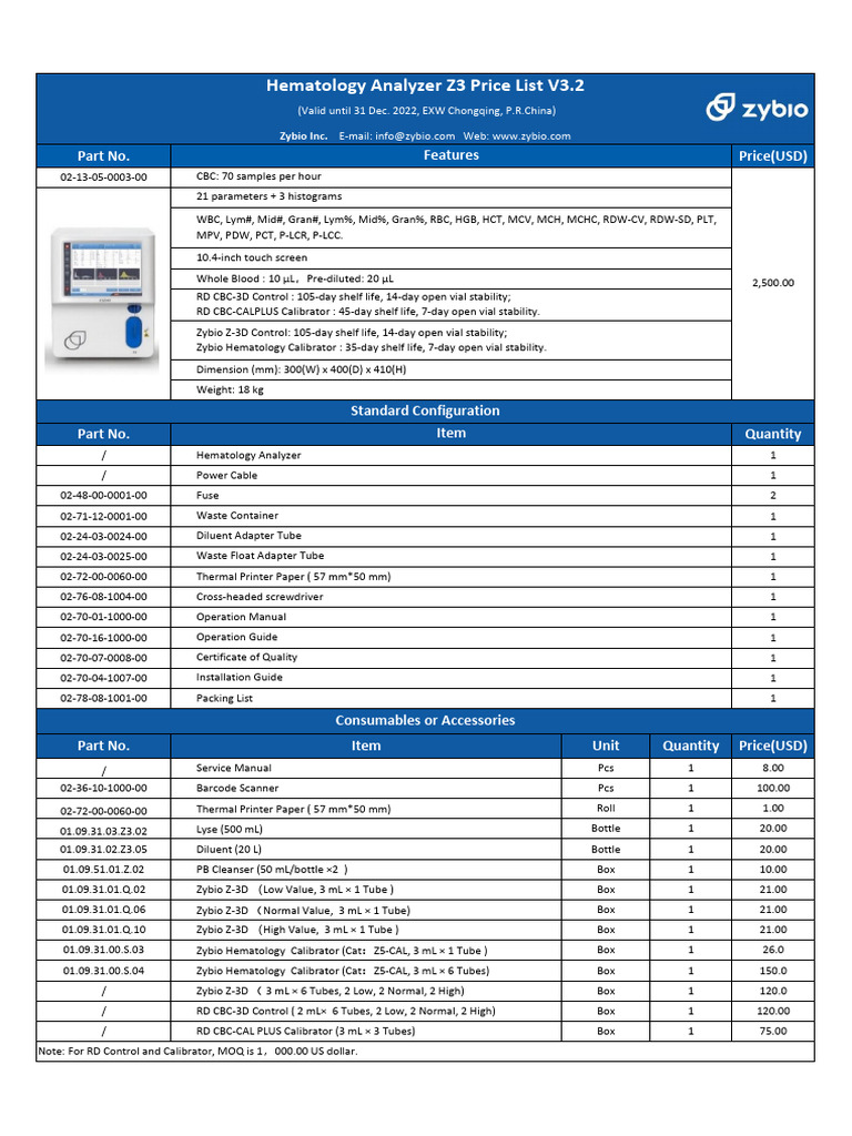(Zybio) Hematology Analyzer Z3 | PDF | Clinical Medicine | Tissue (Biology)