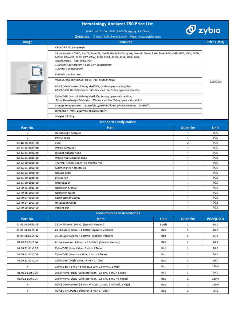 Zybio Hematology Analyzer Price List | PDF | Medical Specialties