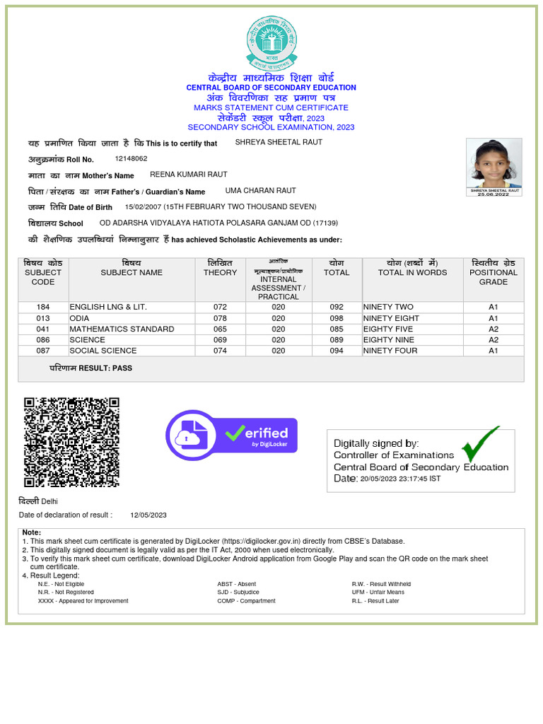 CBSE 2023 Marks Statement Certificate | PDF