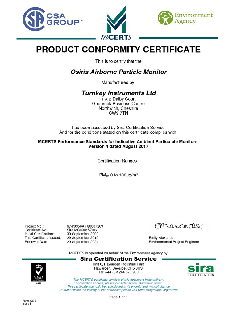 MCERTS Certification for Osiris Monitor | PDF | Particulates | Calibration