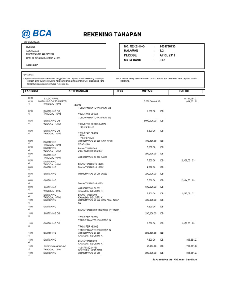 Contoh Rekening Koran BCA 1 | PDF