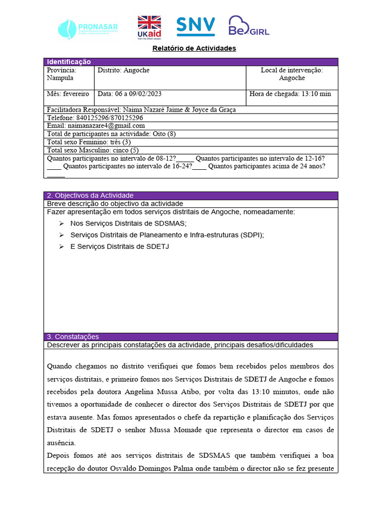 Relatório de Atividades em Angoche, Nampula | PDF | Carreira e Crescimento