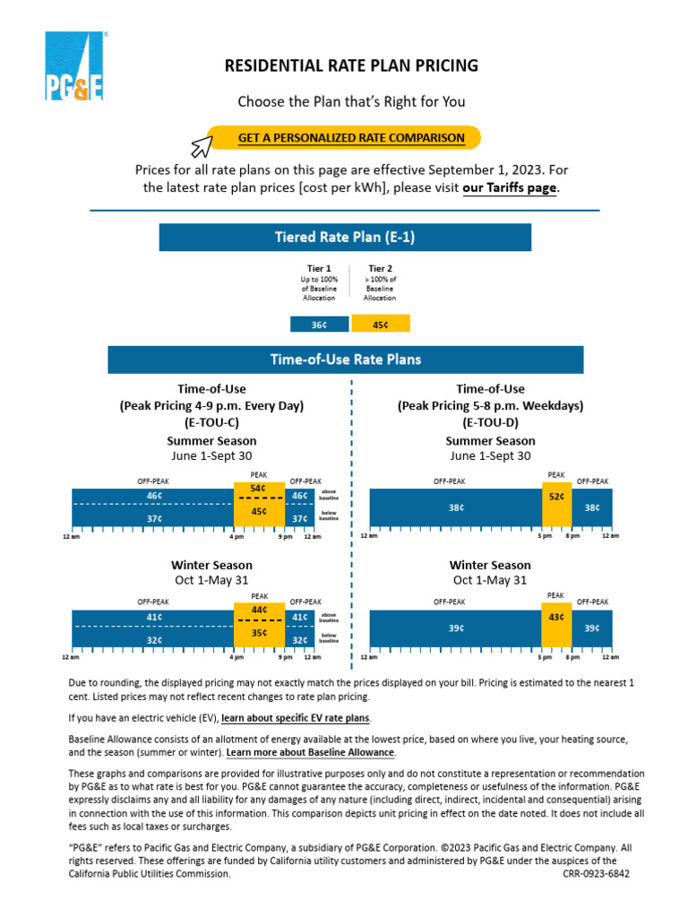 PG&E Residential Rate Plans Overview | PDF | Pacific Gas And Electric ...