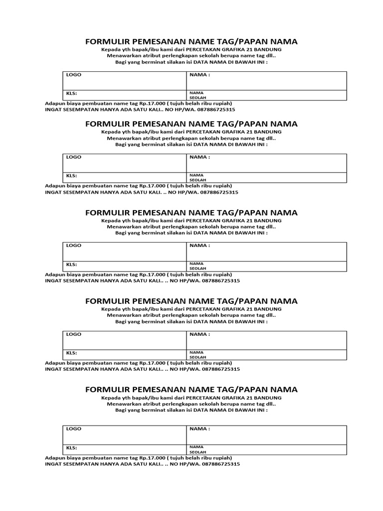 Formulir Pemesanan Name Tag | PDF