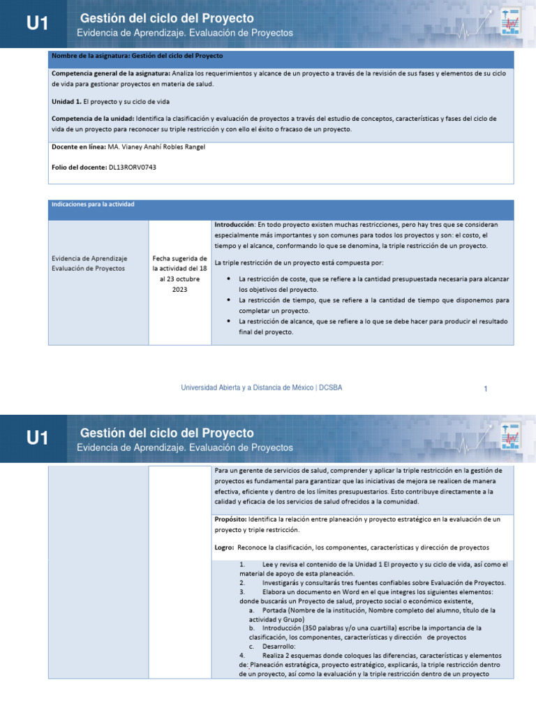 Planecion 2023 Unidad 1 Act 3 (Evidencia de Aprendizaje Evaluación de Proyectos) | PDF ...