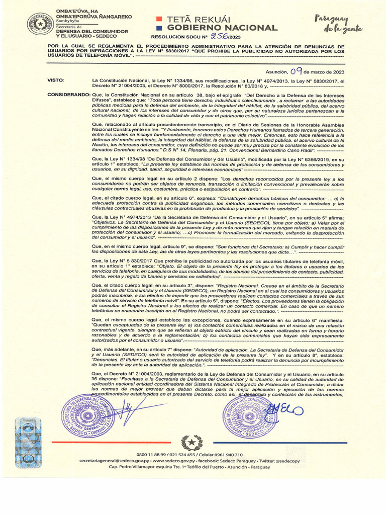 Resol 256-23 - Reglamenta Procedimiento - Atencion de Denuncias de Usuarios - Ley 5830-17 | PDF