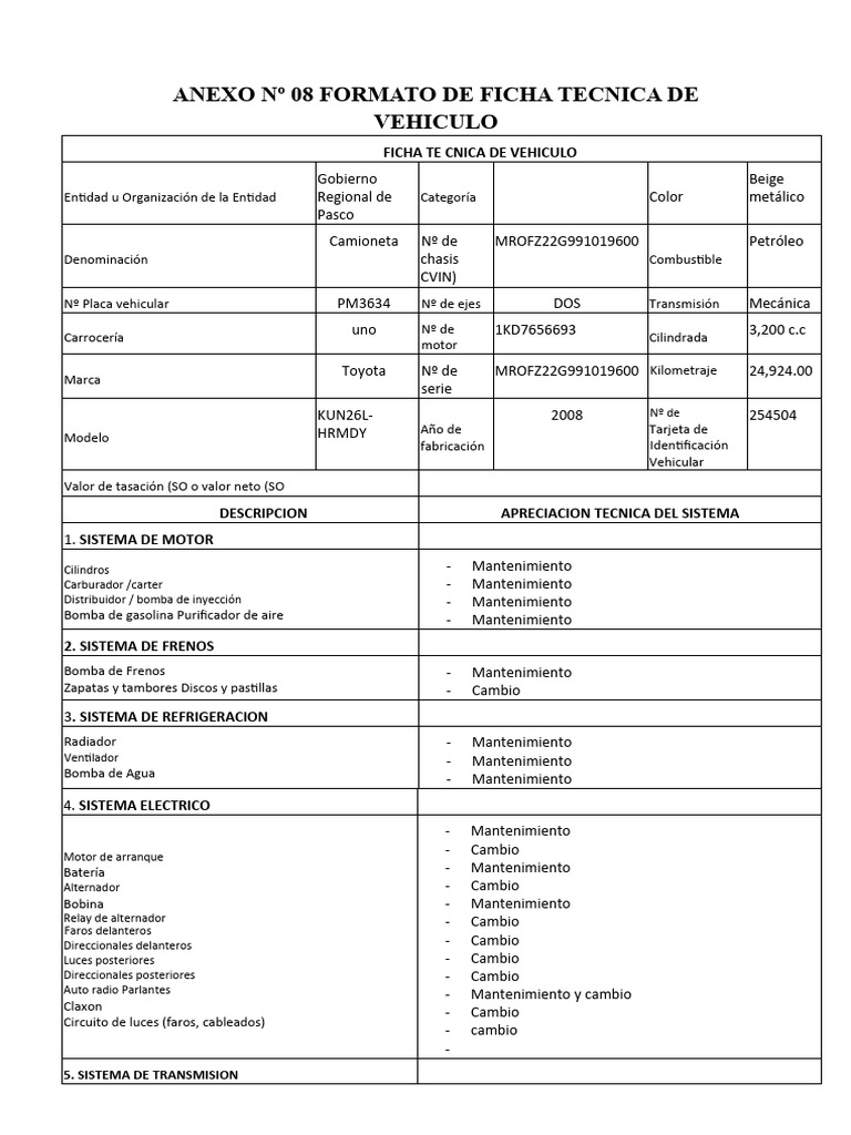 Anexo #08 Formato de Ficha Tecnica de Vehiculo | PDF | Tracción en las cuatro ruedas ...