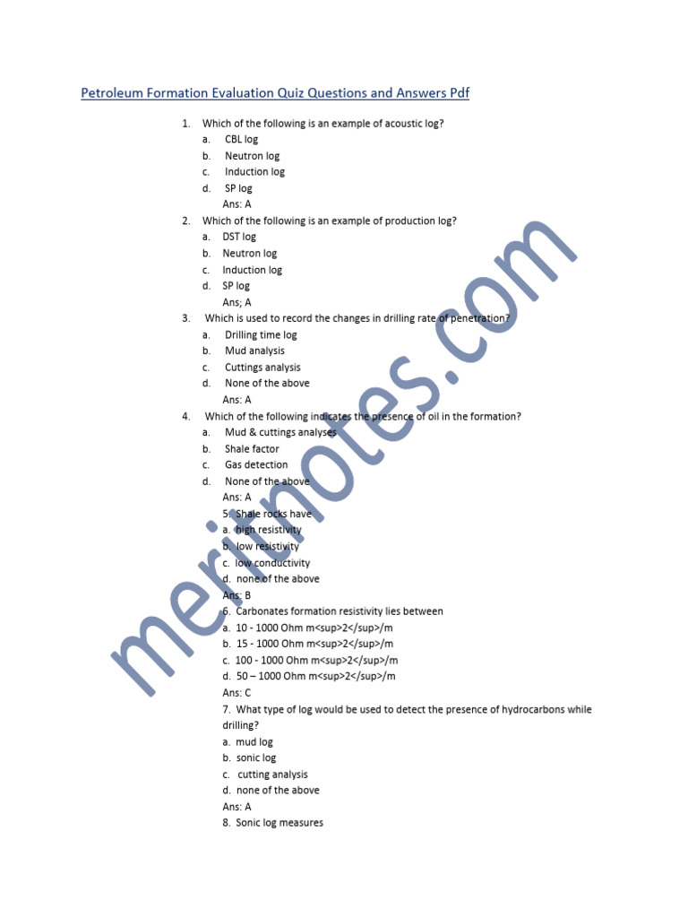 Petroleum Formation Evaluation Questions Answers | PDF | Chemistry ...