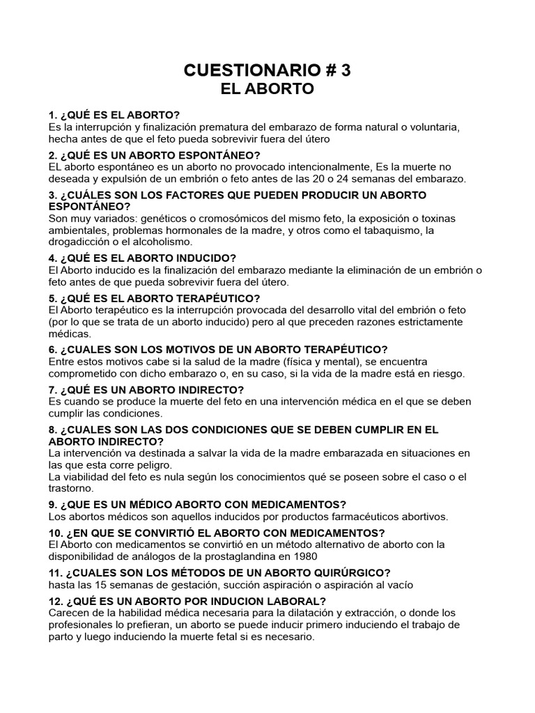 CUESTIONARIO | PDF | Aborto | El embarazo