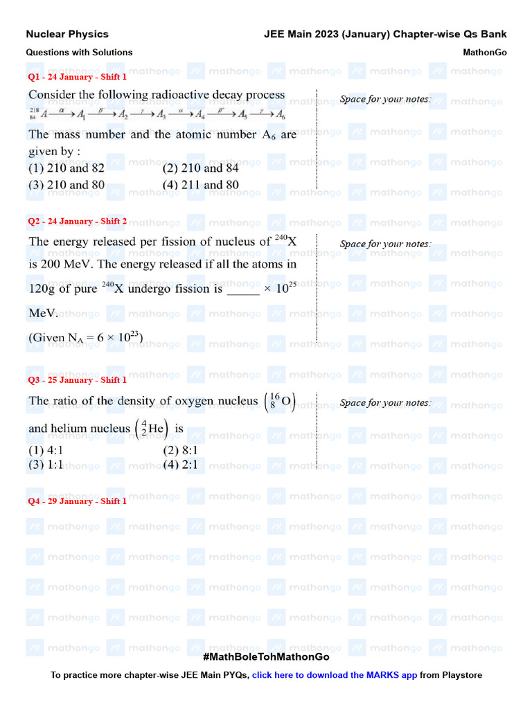 JEE Main 2023 Nuclear Physics Qs Bank | PDF