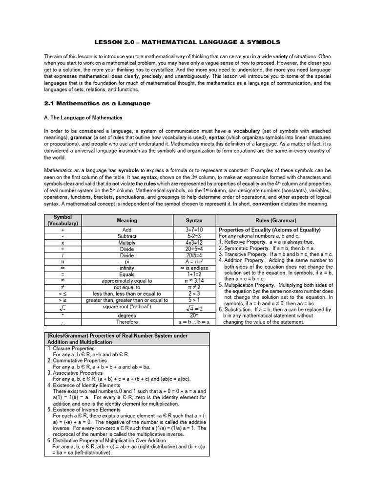 L2 - Mathematical Language & Symbols | PDF | Multiplication | Mathematics