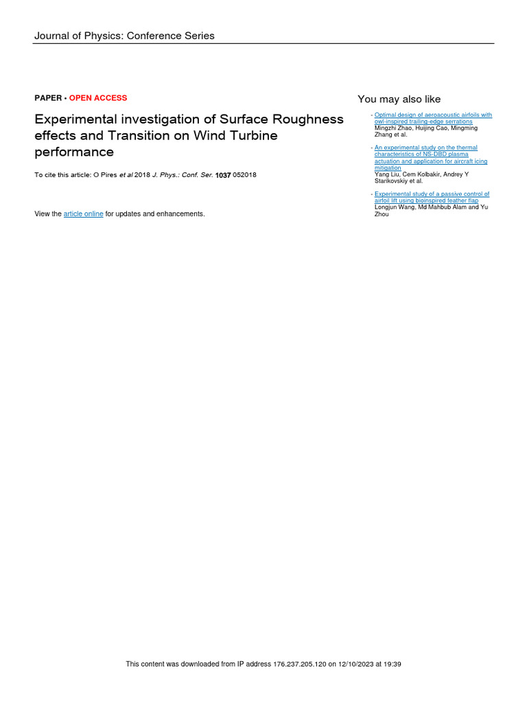 Experimental Investigation of Surface Roughness Effects and Transition On Wind Turbine Performan ...