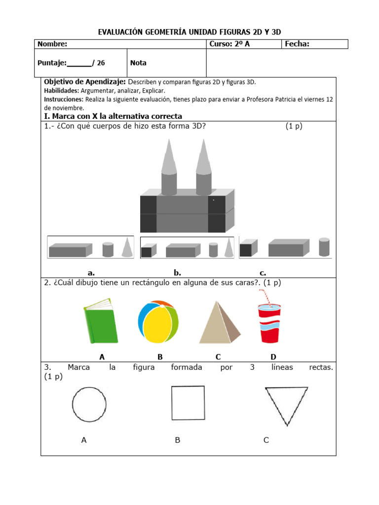 Evaluación Geometría Figuras 2D y 3D | PDF | Rectángulo | Formas ...