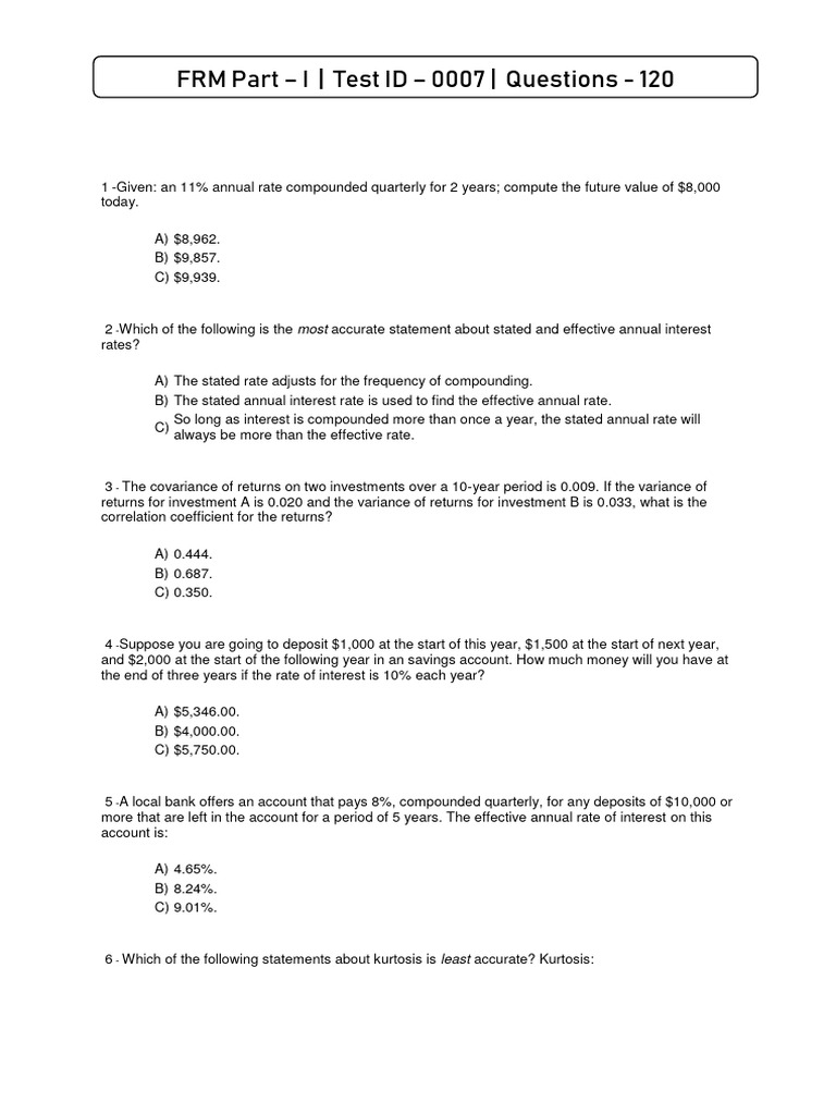 FRM Test 07 QS | PDF | Internal Rate Of Return | Net Present Value