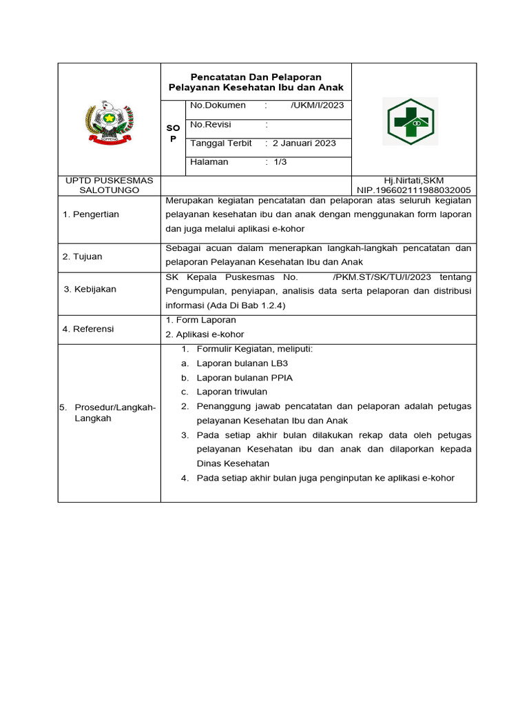 Sop Pencatatan Dan Pelaporan | PDF