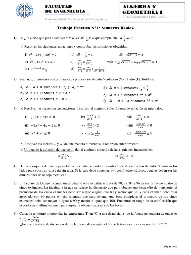 TP N° 1 Números Reales 2C 2023 | PDF | Matemáticas | Objetos matemáticos