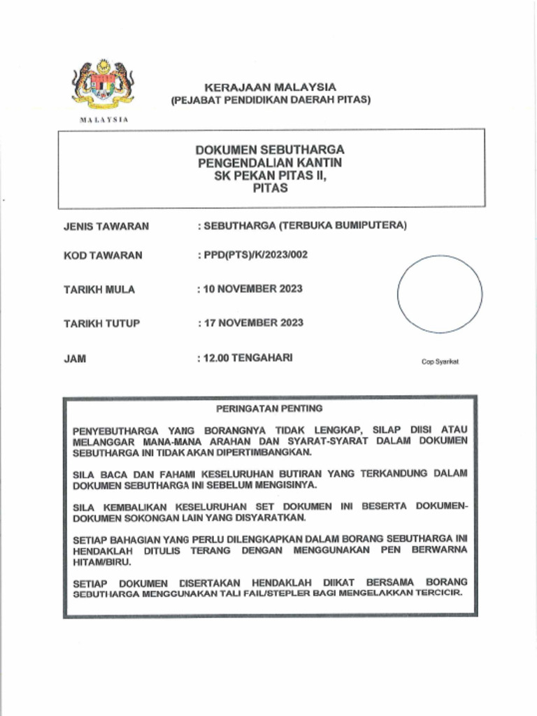 Borang Kantin SK Pekan Pitas Ii | PDF