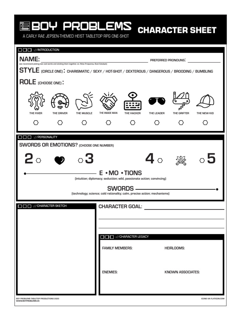 Boy Problems RPG Character Sheet | PDF