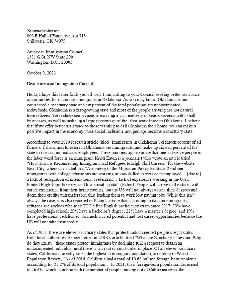 Letter To Congressman - Ximena Gutierrez | PDF | Immigration ...